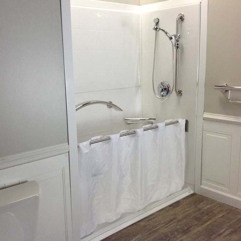 Caregiver Showering System Includes Telescopic/Pivoting Rod and Curtain ...